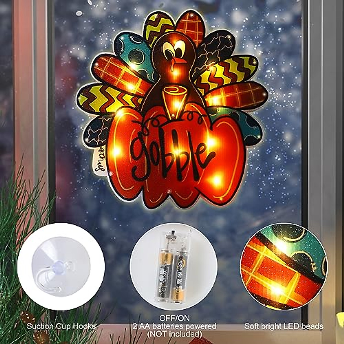 Roseeyo Lighted Thanksgiving Window Decorations, 15.7" Light up Autumn Turkey Window Lights Window Silhouette Sign for Fall Harvest Thanksgiving Decor with 12 LEDs