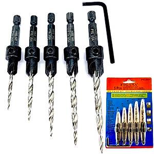FTG USA Countersink Drill Bit Set 5 Pc #4#6#8#10#12 Tapered Drill Bit for Woodworking