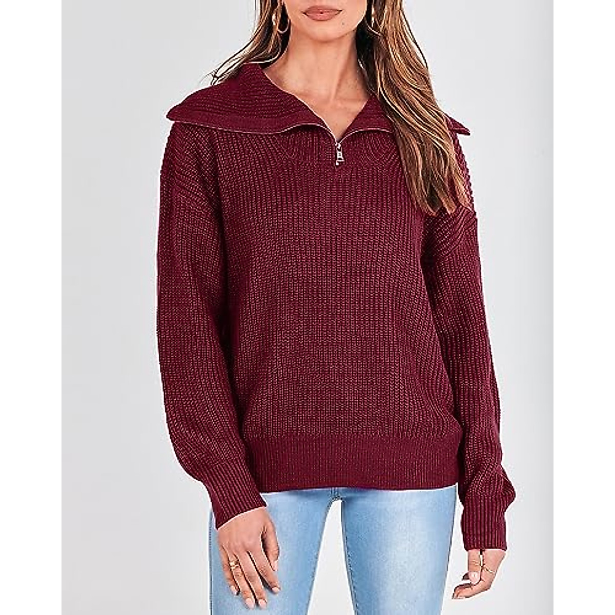 KIRUNDO Women's 2023 Fall Winter Long Sleeve Quarter Zip Pullover Casual V Neck Ribbed Knit Sweaters Jumper Tops(Wine Red, Medium)