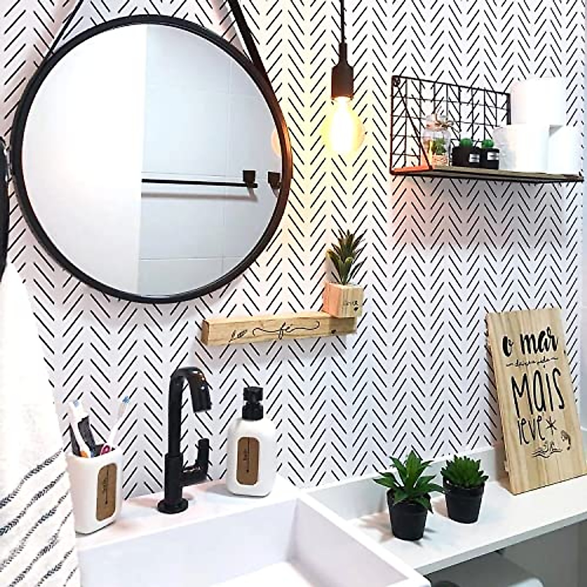 Orainege Black and White Peel and Stick Wallpaper Herringbone Contact Paper for Bathroom 17.7inch x 118.1inch Black Chevron Removable Wall Paper Peel and Stick Modern Geometric Self Adhesive Wallpaper