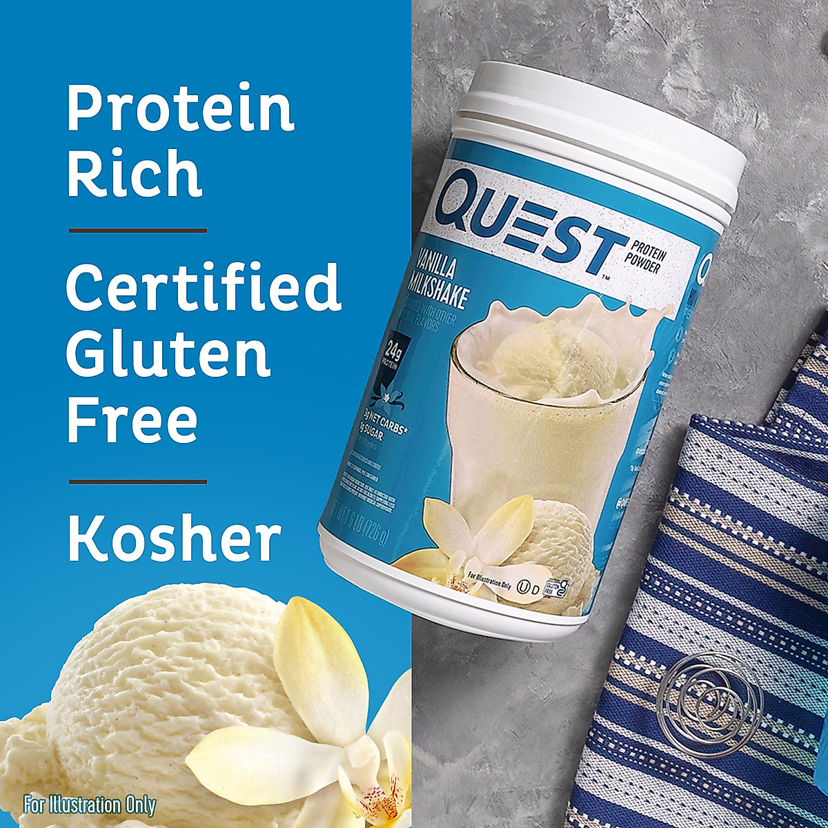 Quest Nutrition Vanilla Milkshake Protein Powder, 24g of Protein, 1g of Sugar, Low Carb, Gluten Free, 1.6 Pound, 23 servings