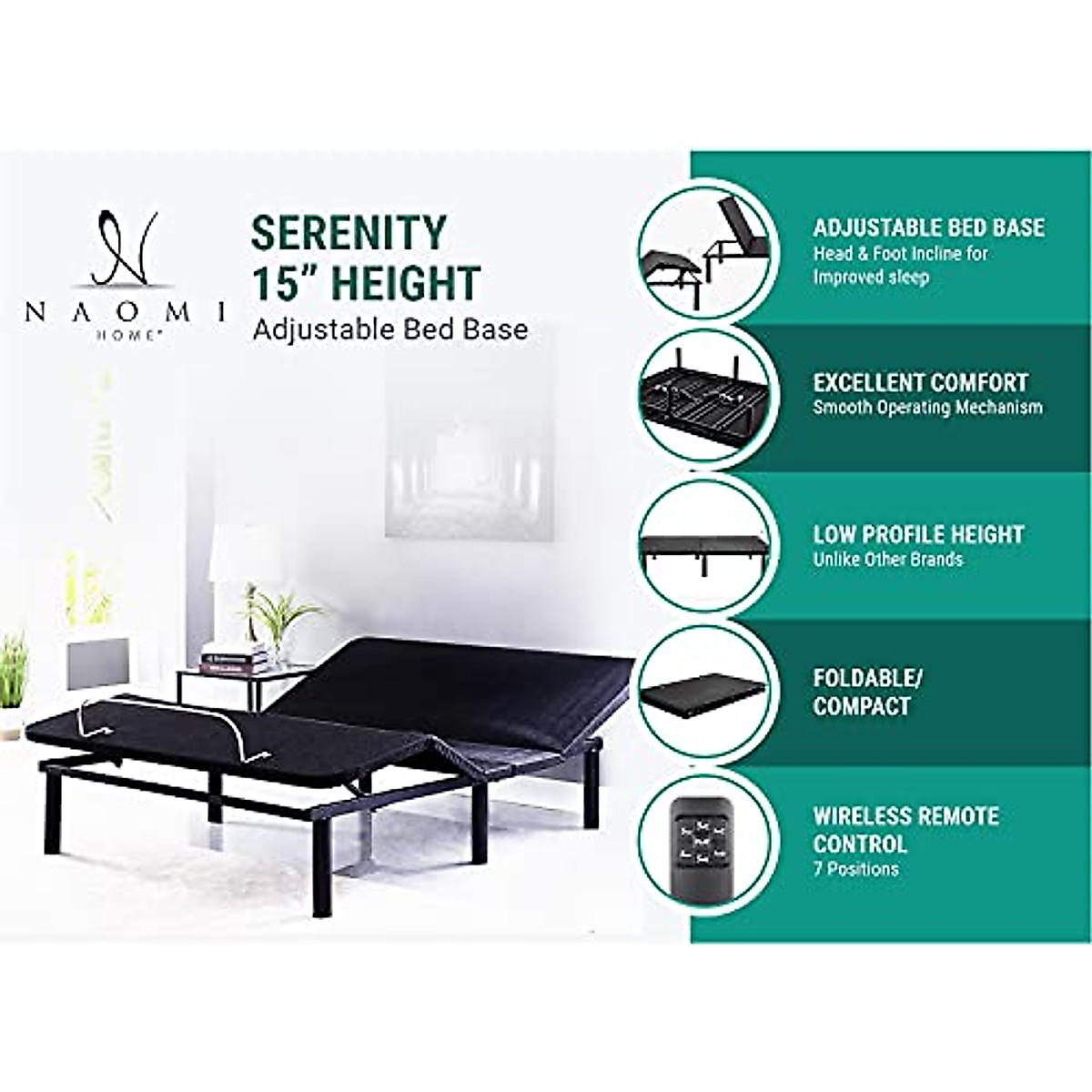 Deep Sleep Enabling Serenity Adjustable Bed Frame Full, Head & Foot Incline, 7 adjustable positions, Wireless Remote, Compact, Zero Gravity Lounge Bed, Electric Bed Base, Easy Assembly - Black