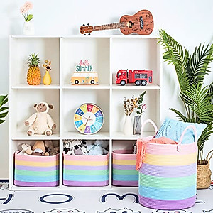 MINTWOOD Design Large Decorative Woven Cotton Rope Basket, Tall Laundry Basket Hamper, Blanket Basket for Living Room, Storage Baskets for Toys, Towel, Throw, Pillow, 60L Pastel Rainbow