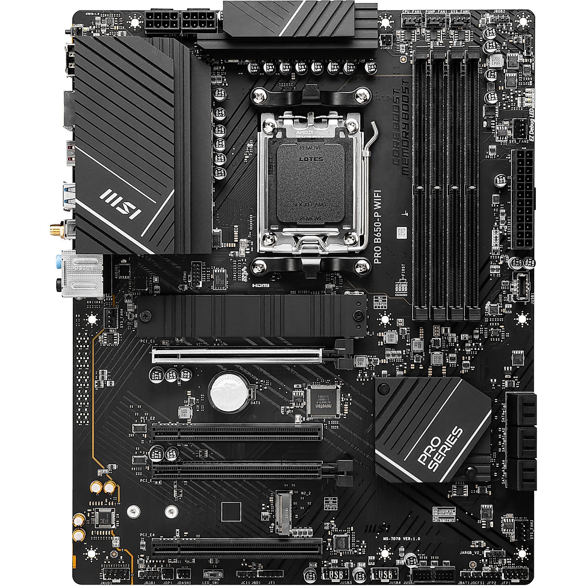 MSI PRO B650-P WiFi ProSeries Motherboard (AMD AM5, ATX, DDR5, PCIe 4.0, M.2, SATA 6Gb/s, USB 3.2 Gen 2, HDMI/DP, Wi-Fi 6E, AMD Ryzen 7000 Series Desktop Processors)