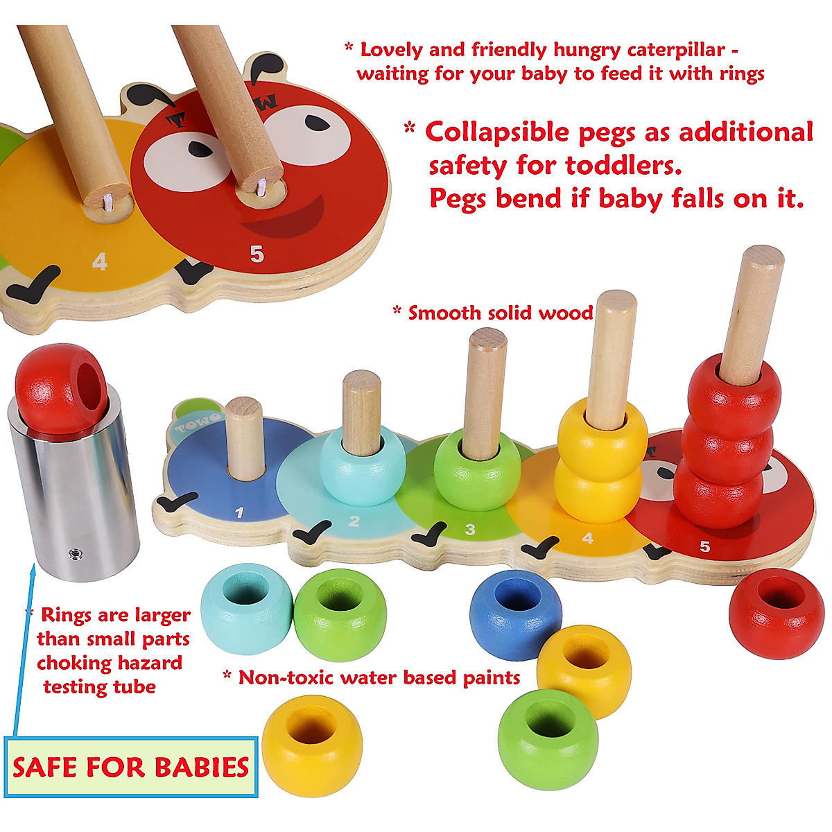 TOWO Wooden Stacking Rings Baby –Lovely Caterpillar Counting Game - Colour Sorting Puzzle - 5 Pegs Ring Stacker - Counting Rings Early Learning Wooden Toys for 1 Year Old Gift First Birthday Boy Girl