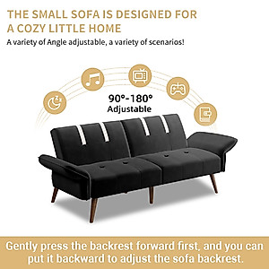 Shintenchi Futon Sofa Bed Modern Folding Sleeper Couch Bed for Living Room,Velvet Loveseat Sofa Couch Sofa cama for Apartments Office Small Spaces,w/Adjustable Armrests Backrest,Black