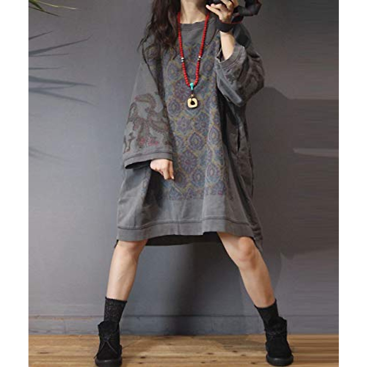 YESNO Women Ethnic Floral Sweatshirts Jacket Plus Size Crew Neck Long Sleeve with Pockets JCJ (One Size YQ7 Gray)