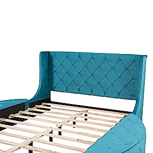 HBRR Queen Size Storage Bed Frame, Velvet Upholstered Platform Bed with Wingback Headboard, 1 Big Drawer and 2 Side Storage Stool, No Box Spring Needed, Easy Assembly, Blue