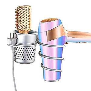 ELVASEN Hair Dryer Holder, Wall Mount Organizer Shelf Rack for Bathroom, Wall Mount with Comb Makeup Brushes Cup,Bathroom Washroom Shower Accessories Storage Organization Aluminum Set