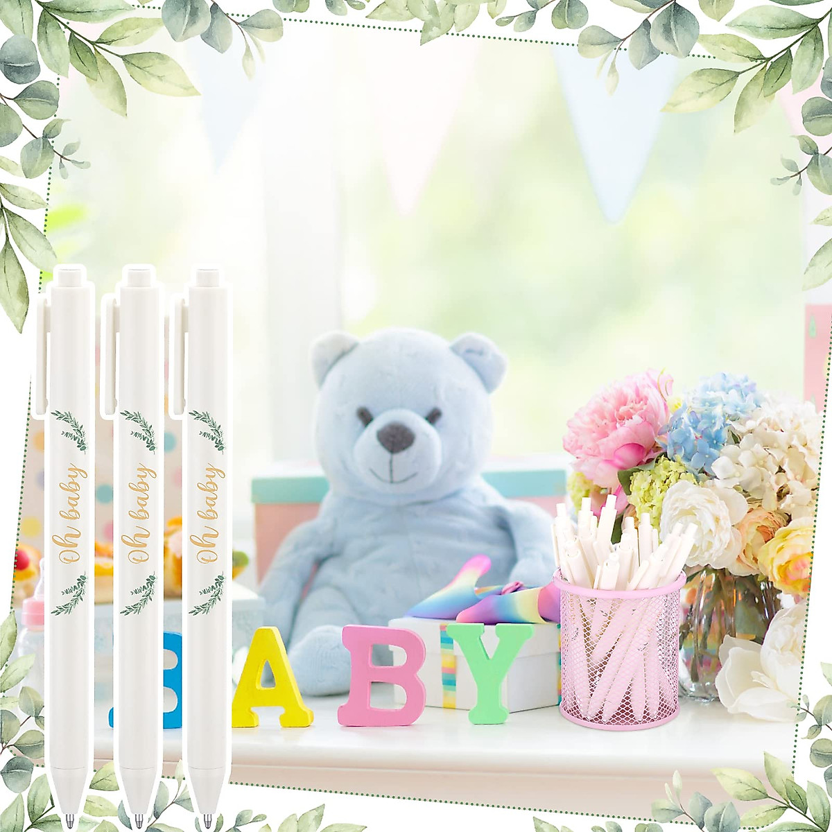 Ireer 36 Pcs Baby Shower Pens Gifts Bulk Party Favors for Guests Games Neutral Gender Reveal Favors Baby Shower Prizes Souvenirs Gift Bags Stuffer Supplies(Sage Greenery)