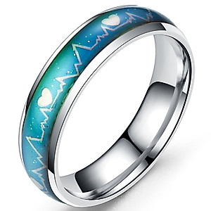 Jude Jewelers 6mm Stainless Steel Color Changing Heart Shaped Mood Ring Wedding Band Cocktail Party Anniversary Promise (Silver, 7)