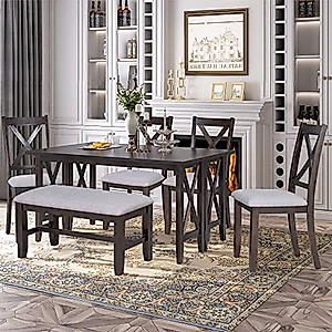 Goohome 6-Piece Kitchen Set, Mid-Century Wooden Foldable Rectangular Dining Table, 4 Upholstered Chairs and Bench Family Furniture, for Home, Apartment, Espresso