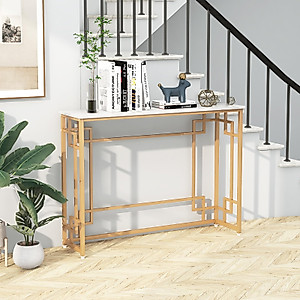 Giantex 43.5-Inch Console Tables for Entryway - Foyer Table with Adjustable Foot Pads, Golden Metal Frame, Faux Marble Top, Modern Long Sofa Table, Narrow Hallway Table for Living Room, Entry Table