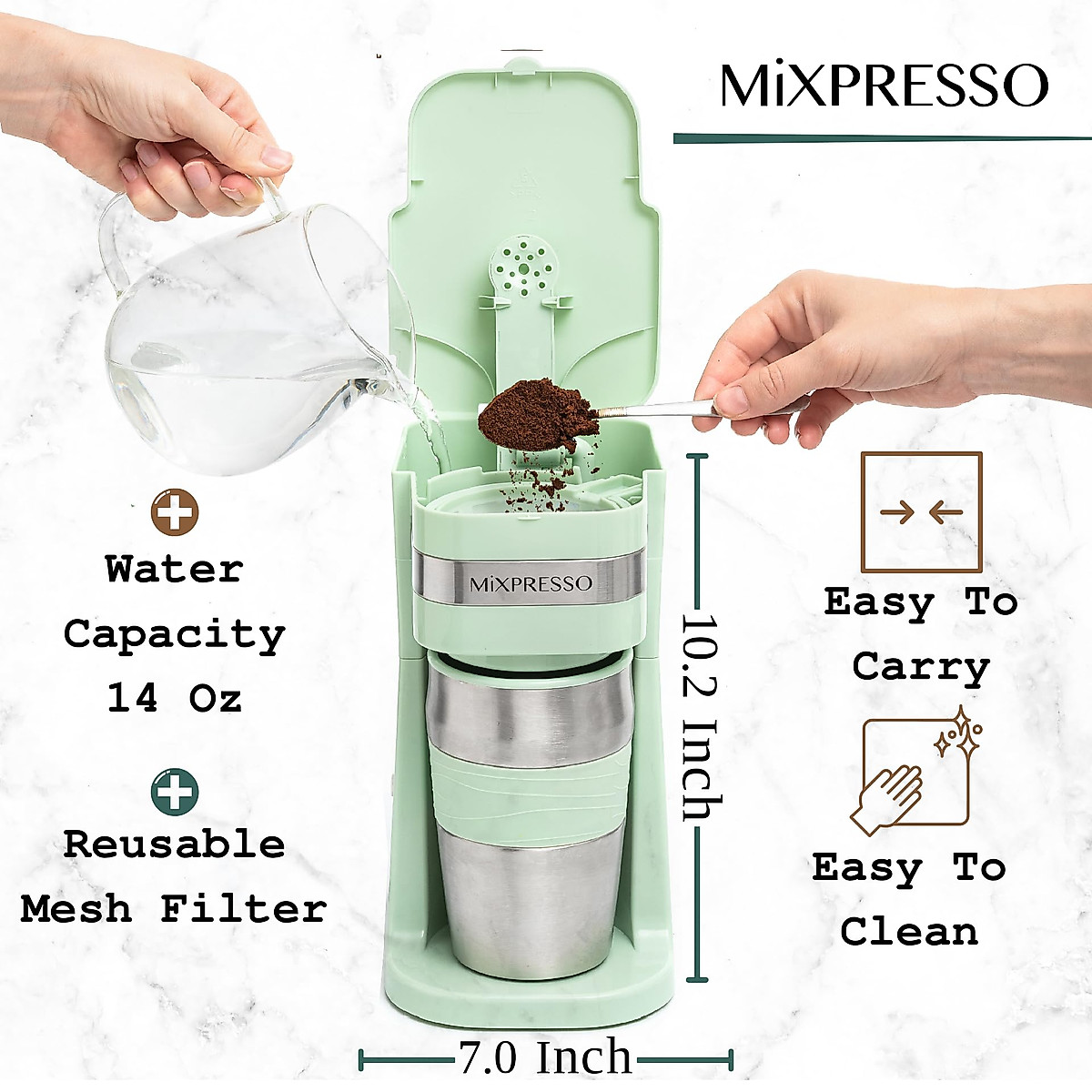 Mixpresso Personal Single Serve Coffee Maker & 14oz Travel Mug, Drip Coffee Brewer & Tumbler, Auto Shut Off & Reusable Filter, Green Coffee Maker Compatible with Coffee Grounds