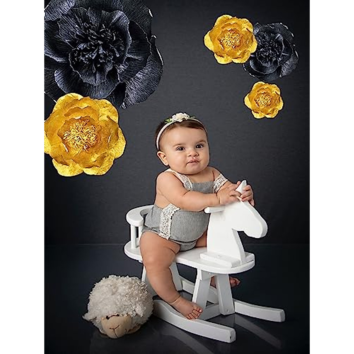 IGUO 3D Paper Flowers Gold Black Graduation Craft Paper Flowers,6PCS Paper Pom Pom Backdrop Photo Booth for Baby Shower Decor Centerpiece Wedding Birthday School Party Idea