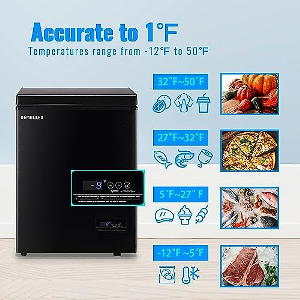 Chest Freezer 3.5 CU.FT DEMULLER Compact Deep Freezing Machine with Electronic Temperature Control (Accurate to 1 ℉) Freestanding Small Fridge Freezer with 2 Removable Storage Baskets Black