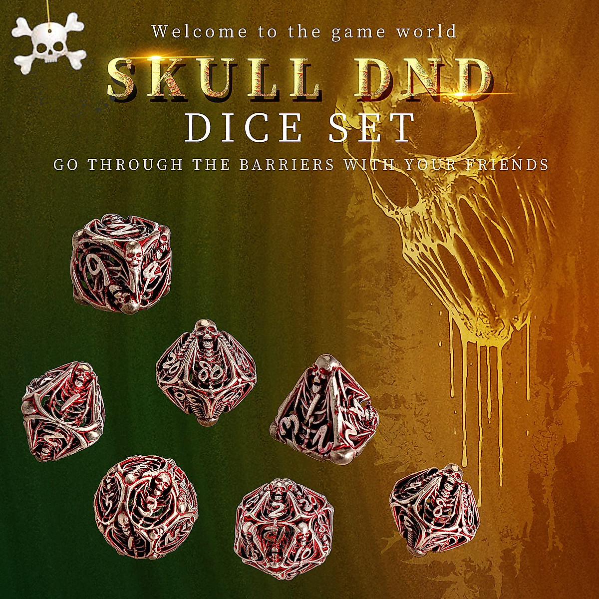 DND Dice Set Polyhedron Dice Skull Hollow Metal Dice for Dungeons and Dragons Role Playing Games PCCECQEE Dice 7PCS D&D Set Collection Gifts (Red)
