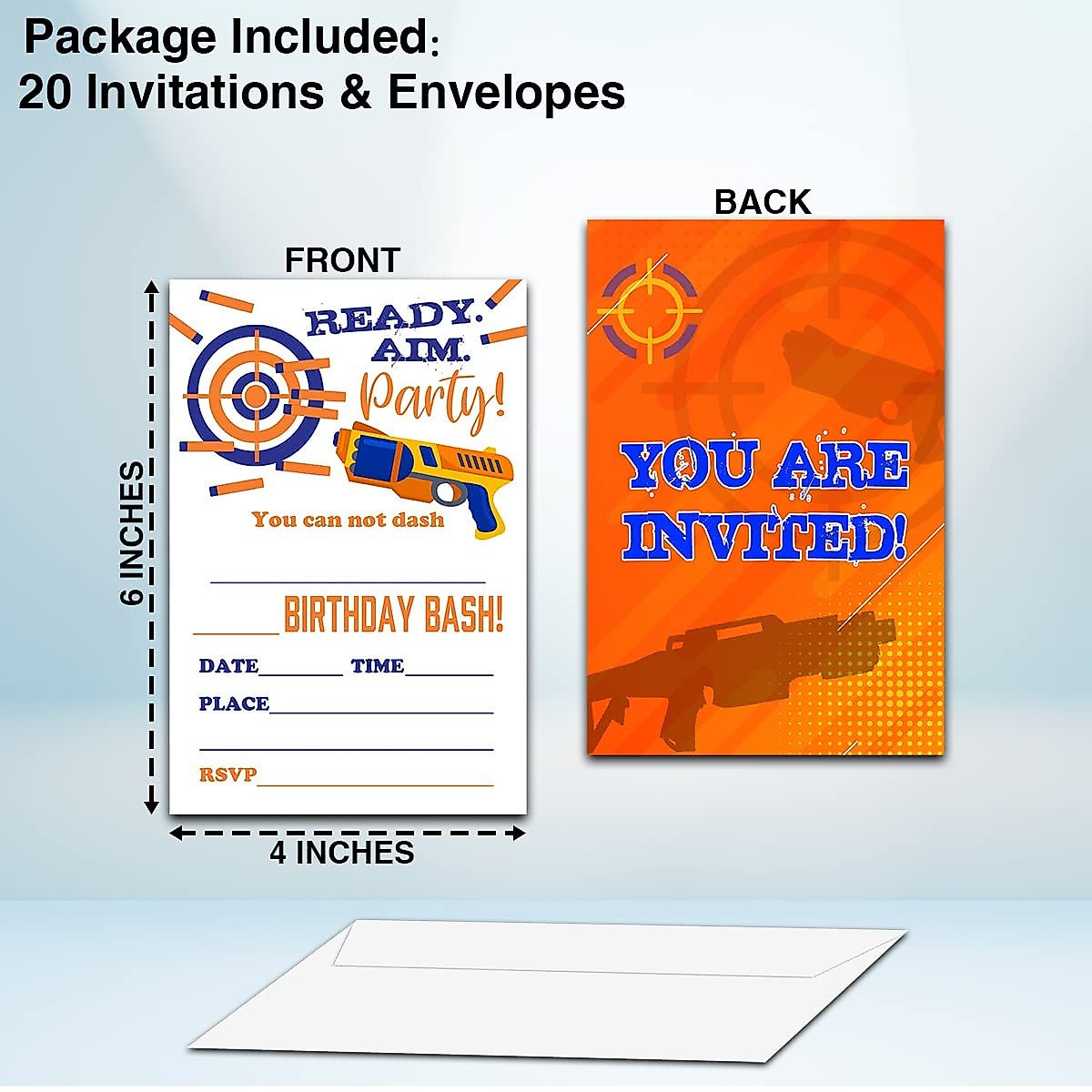 NYCTUG Blaster Gun Birthday Invitation(4" X 6"), Dart War Party Double-Sided Invites- 20 Invitations With Envelopes-Personalized Party Supplies-A26