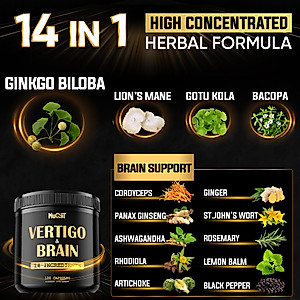 NUQIIT Vertigo & Brain Supplement with Ginkgo Biloba Leaf 10500mg Lions Mane 4500mg & More - Support Memory, Focus & Brain Health - 120 Capsules for 2-Month Supply