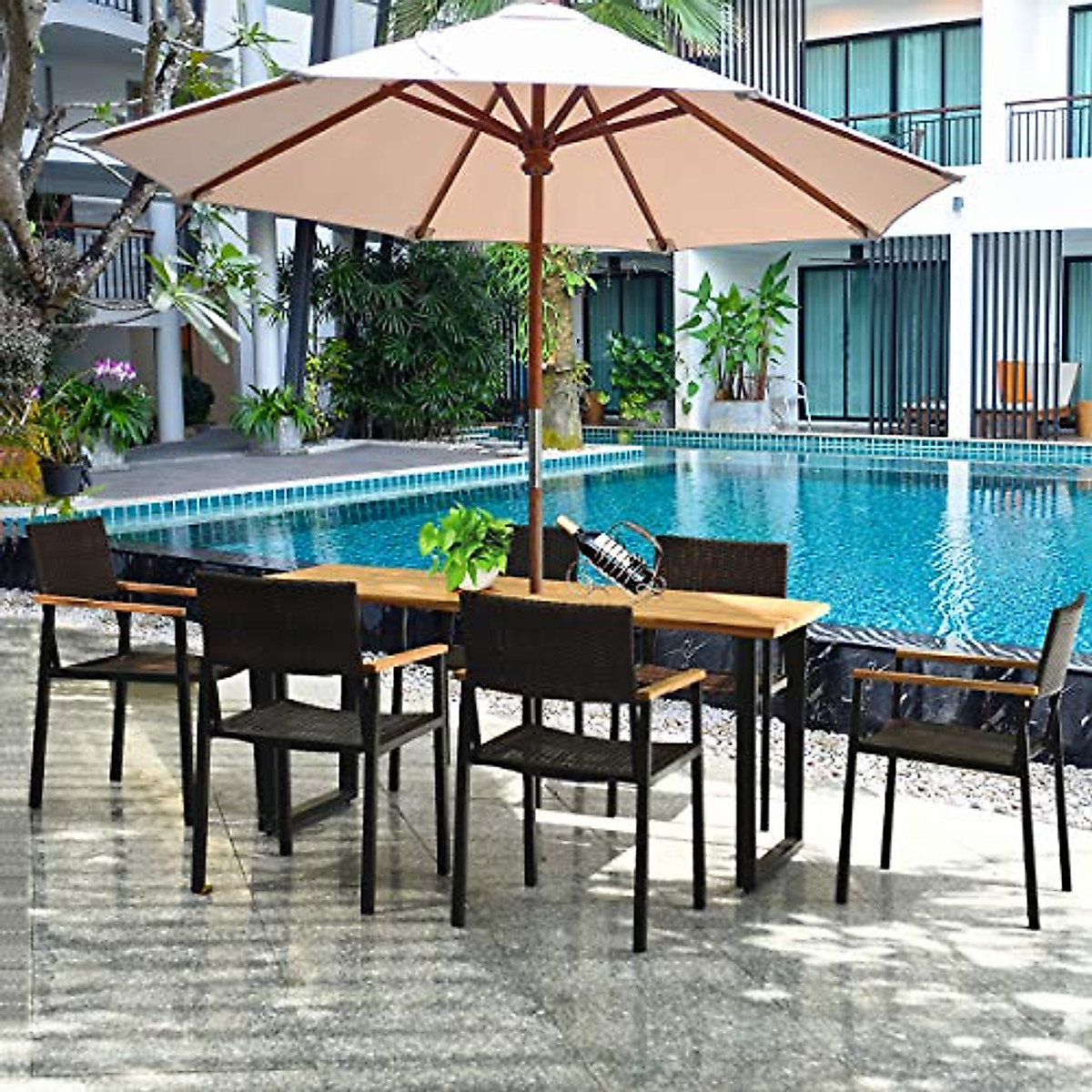Tangkula 7 Pieces Outdoor Dining Set, Patented Patio Furniture Set w/Large Rectangle Acacia Wood Table Top, Rattan Chairs with Steel Frame, Umbrella Hole, for Backyard Garden