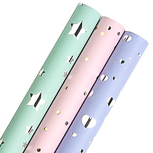 LDGOOAEL Mini Short Small Wrapping Paper Roll with Cut Lines on Reverse (17" X 120" Per Roll) - Light Purple/Pink/Blue with Gold/Silver Foil for Birthday, Wedding, Baby Shower,Bridal Showers