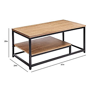 Coral Flower Metal Frame Coffee Table with Large Shelve Space, Light oak