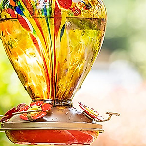 LaElvish Garden Hummingbird Feeder, 34OZ Hand Blown Glass Hummingbird Feeders for Outdoors Hanging, 4 Feeding Perch with Ant Moat Leakproof, Garden Yard Decor Gifts for Women Mom (Golden Balloon)