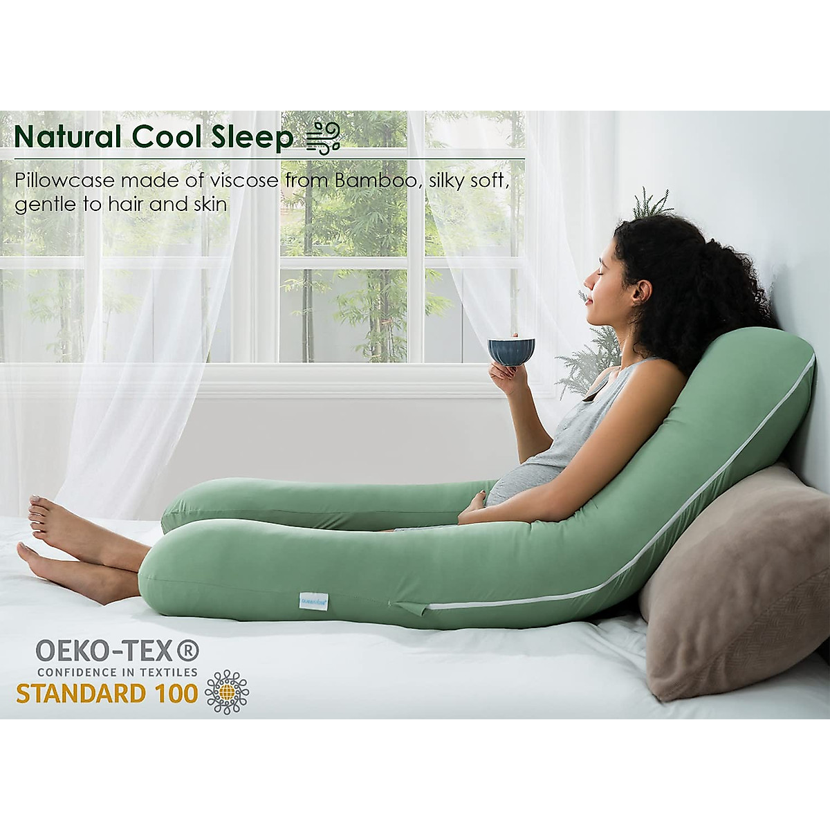 QUEEN ROSE Cooling Pregnancy Pillows, U Shaped Full Body Maternity Pillow for Pregnant Support, Rayon Derived from Bamboo, Buttery Soft, Super Breathable for Hot Sleeper, Green