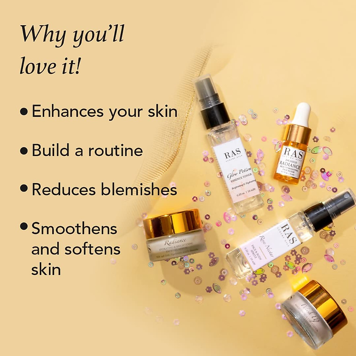 Quick Glow Kit, Hydrating Essence Toner, Exfoliating Face Cleanser, 24K Gold Face Elixir, Face Gel Serum, Face & Body Toner | Smoothens & Softens Skin, Deep Cleanser | Set of 5 - RAS LUXURY OILS