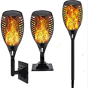 Solar Landscape Path Garden Lights Outdoor 3 in 1 Adaptors Deck Lighting Fence Post Light Dancing Flickering Flame Torch LED Wall Lamp Waterproof for Yard Porch Patio 4 Pack