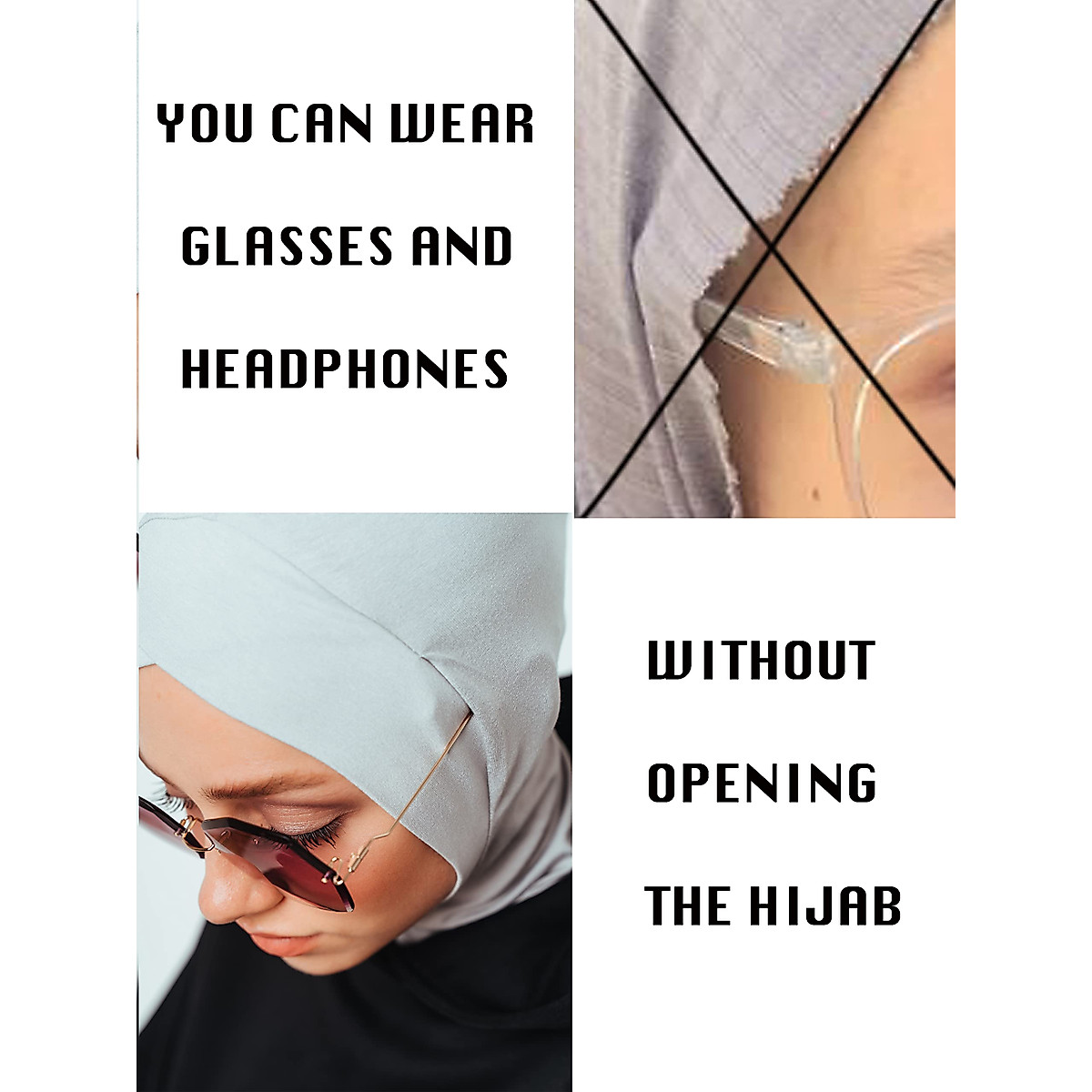 VeilWear Instant Hijab for Headphones and Glasses, Sport Head Scarf, Ready to wear Muslim Accessories for Women (Black)
