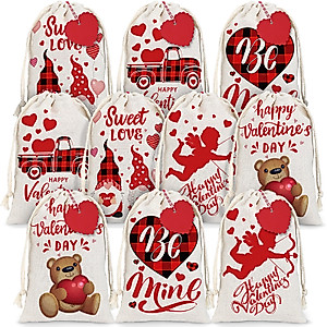 20 Pieces Valentine's Day Gift Bags with Drawstring Linen Cloth Candy Jewelry Pouches Sacks Small Muslin Bags with Heart Tag Labels for Valentine's Day Party Favors Wedding Bridal Shower (4 x 6 Inch)