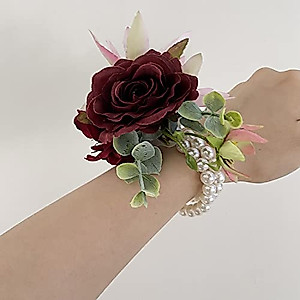 Rinlong Set of 6 Burgundy Wrist Corsage Wristlet Band Bracelet Wrist Flowers Wedding Bride Bridesmaid Flower Accessories Decoration
