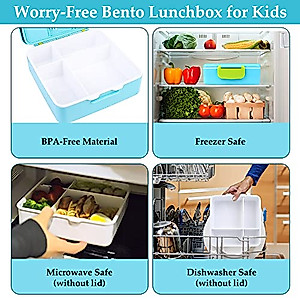 Bento Lunch Box Kids Children, Lunchbox with 4 compartments, Spoon, Fork and Fruit Picks, Blue Food Containers for Boys, Daycare/Travel/School, Leak-Proof, BPA-Free, Microwave/Dishwasher/Freezer Safe