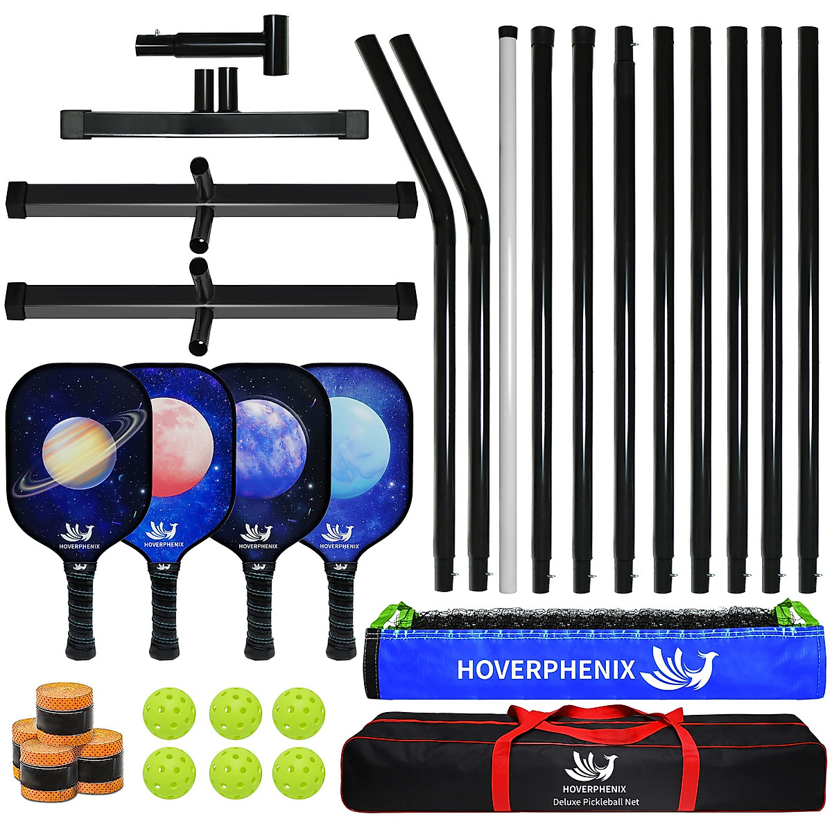 Hoverphenix Pickleball Set with Net for Driveway, Portable Regulation Size Pickleball Net System with 4 Fiberglass Paddles Set, 6 Outdoor Pickleballs, Carry Bag