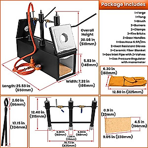 Triple Burners Portable Propane Gas Forge Three Burners 2600°F/1425℃ Large Capacity Square Forging Furnace for Blacksmithing Farrier Knife Tool Making Equipment with Tong & Gloves