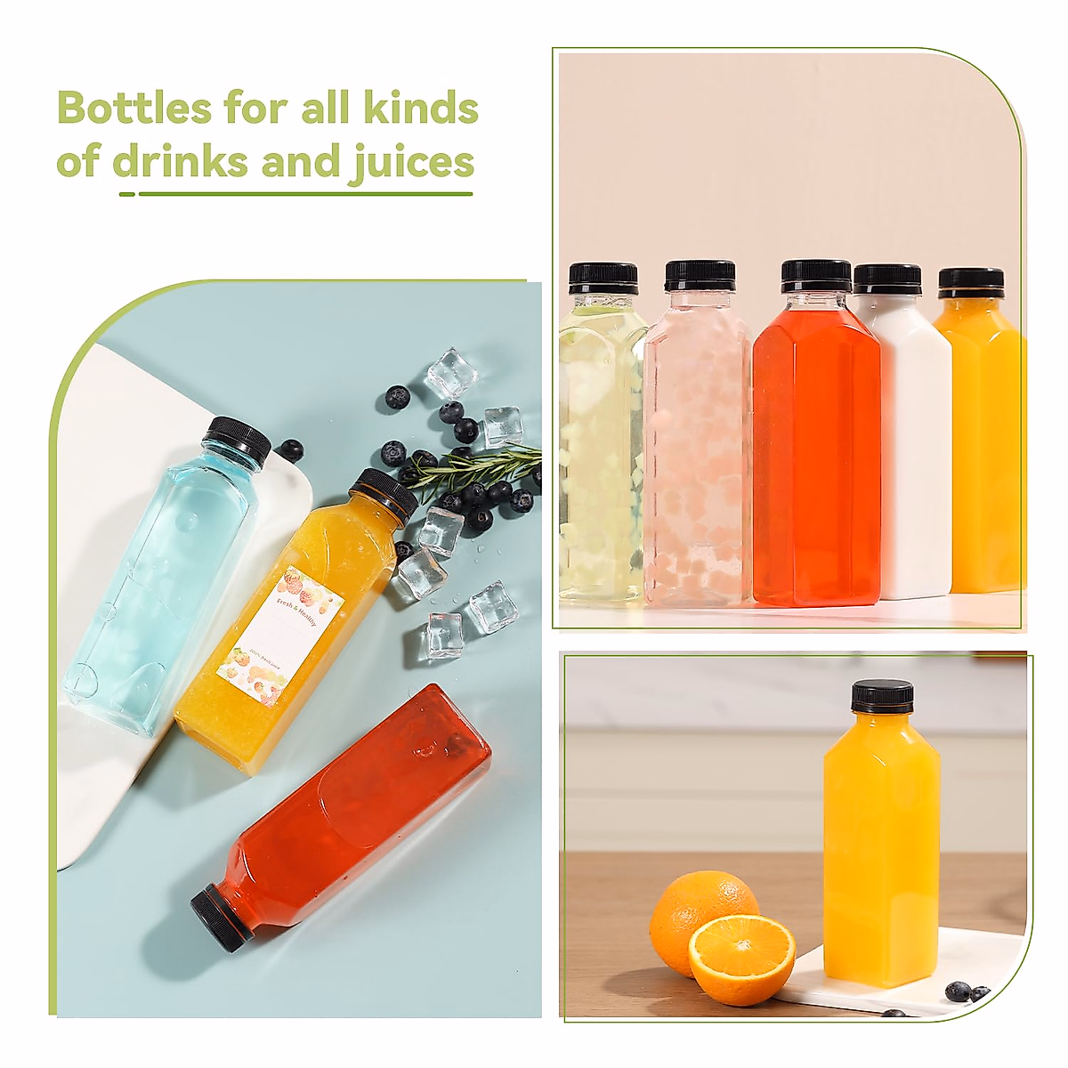 Party Club of America 21pcs 16oz Square Empty Reusable Juice Bottles With Caps,Label, Funnel, And Brush Drink Containers For Juicing Milkshake And Other Beverages