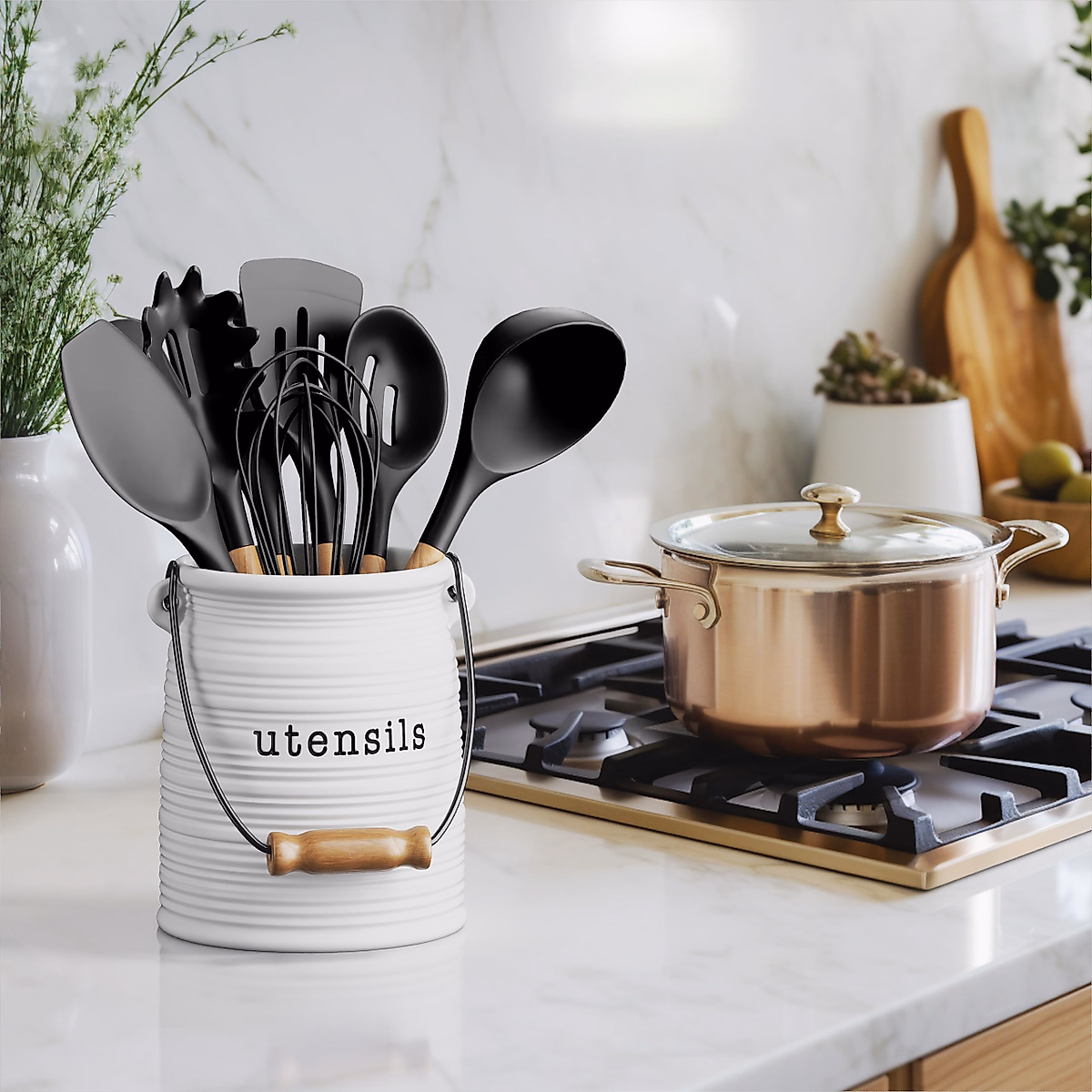 Barnyard Designs Ceramic Farmhouse Kitchen Utensil Holder for Countertop, Decorative Kitchen Utensil Holder, Large Kitchen Utensil Holder for Kitchen Counter, Utensil Crock Spatula Holder, 6" White