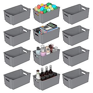 Begale 12-Pack Plastic Storage Bins, Stackable Pantry Organizer Bins, Gray