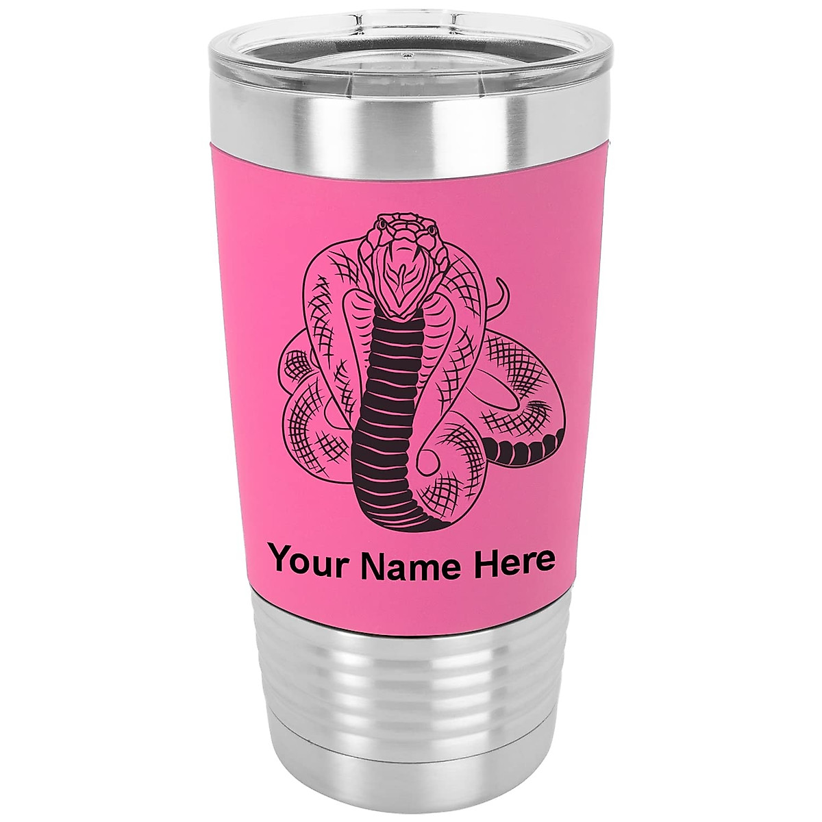 LaserGram 20oz Vacuum Insulated Tumbler Mug, Cobra Snake, Personalized Engraving Included (Silicone Grip, Pink)