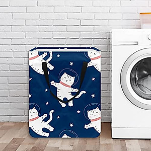 Fly in Space Cat Stars Print Collapsible Laundry Hamper, 60L Waterproof Laundry Baskets Washing Bin Clothes Toys Storage for Dorm Bathroom Bedroom