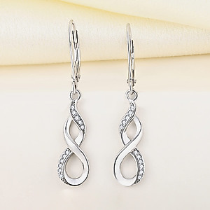 YL Dangle Drop Infinity Earrings 925 Sterling Silver Leverback Earrings 18K White Gold Jewelry for Women