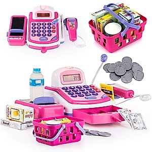 Prextex Grocery Store Pretend Play Electronic Toy Kids Cash Register Set - STEM Cash Register for Kids with Microphone, Play Money, and Food Basket - Kids Checkout Register with Scanner- Pink