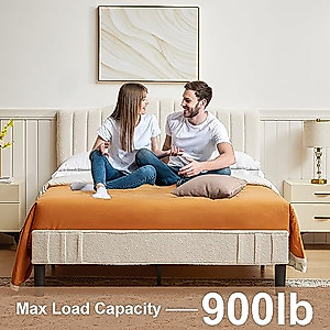 VECELO Upholstered Bed Frame Queen Size, Platform Bed Frame with Adjustable Headboard, Sheepskin Fabric Bed with Strong Wood Slats and 7.9'' Under Bed Space, Noise Free No Box Spring Needed, Beige