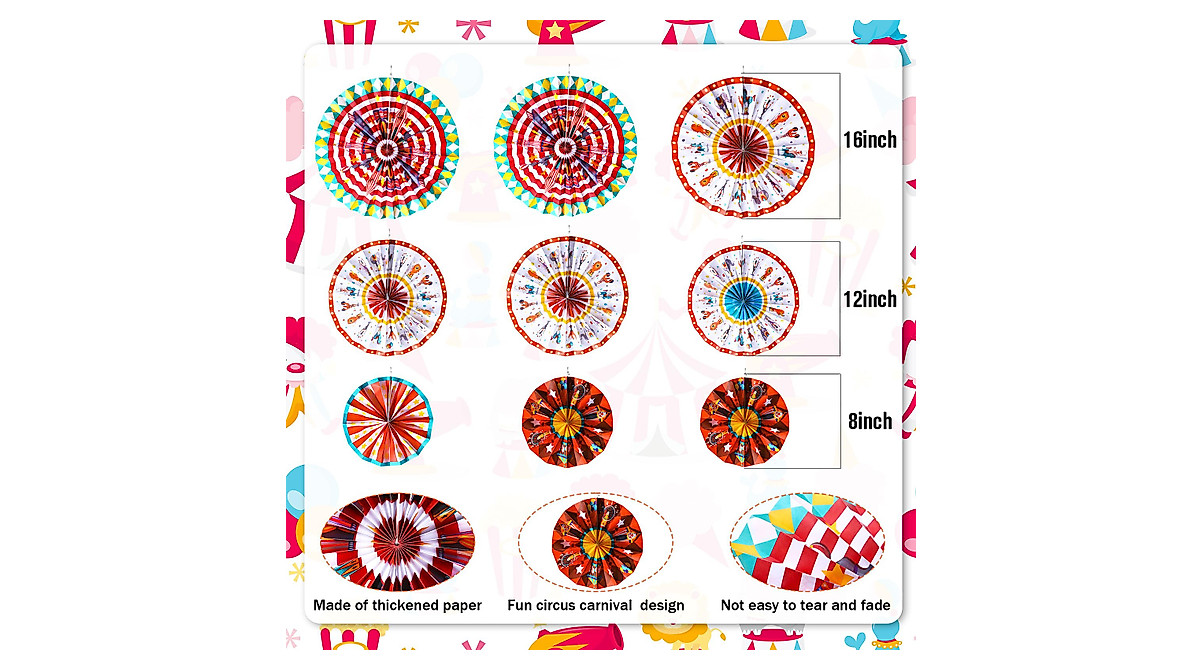 Carnival Paper Fans - 9-Piece Circus Decoration Set for Parties