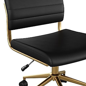 Martha Stewart Ivy Armless Swivel Task Chair for Home Office in Black Faux Leather with Polished Brass Frame
