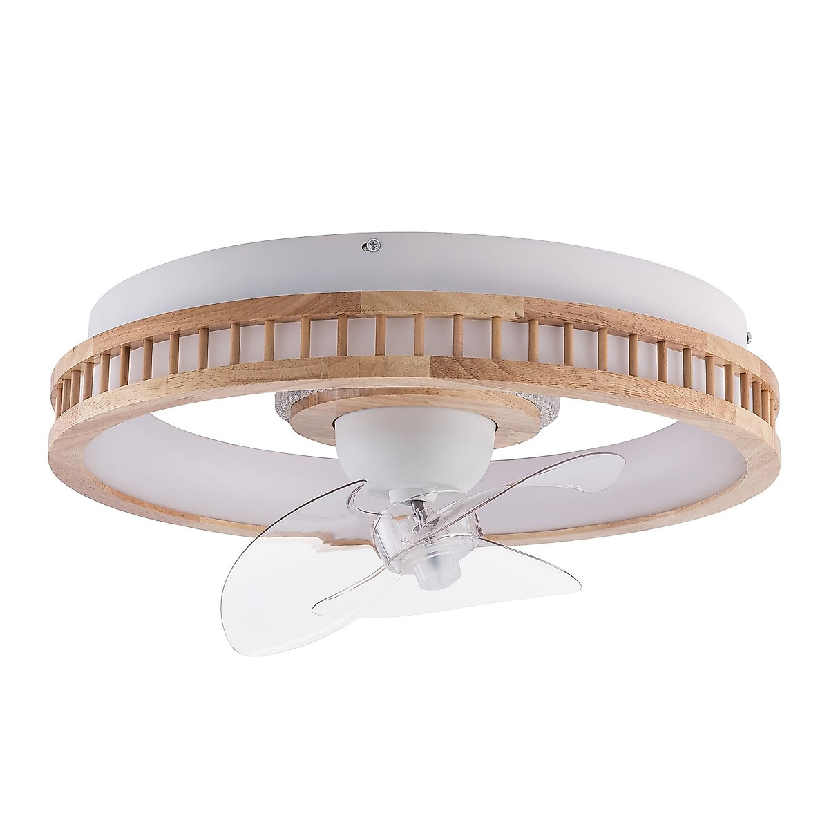 ONEPOINTPOINT Ceiling Fan with Lights 20 Inch Low Profile Flush Mount Round Wood Ceiling Light with Fan 3 Invisible Blades Remote 3 Color Dimming 6 Wind speeds for Bedroom Living Room Log Color