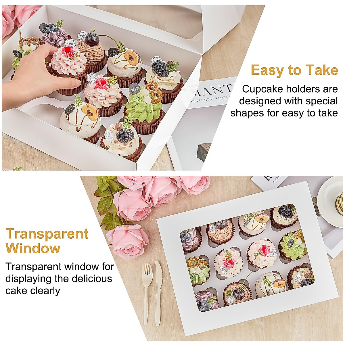 Kucoele 12 Count Cupcake Boxes, 6 Pack White Cupcake Containers with Windows and Inserts, Disposable Cupcake Carriers for Muffins, Treats, Pastries, 13 x 10 x 4 Inches