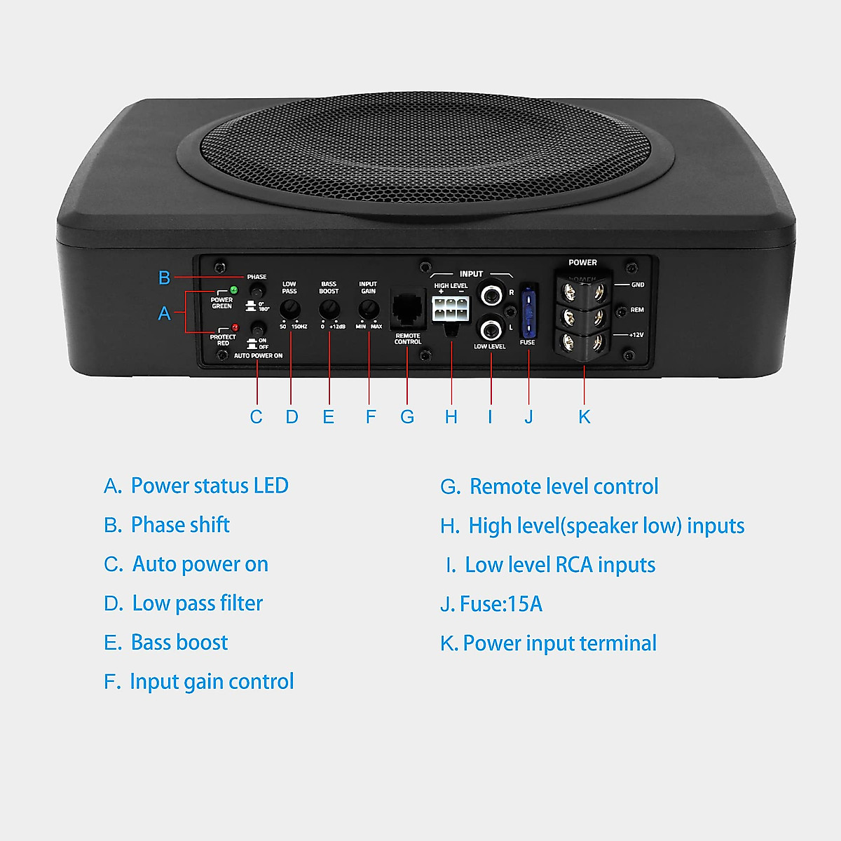 DR DOUBLE ROCK CB08 8 inch Slim Under Seat Car Subwoofer Car Audio Powered 600 Watts Car Truck Audio Sub Built in Amplifier Active Slim Subwoofer New Upgraded with Black Aluminum and Green LED