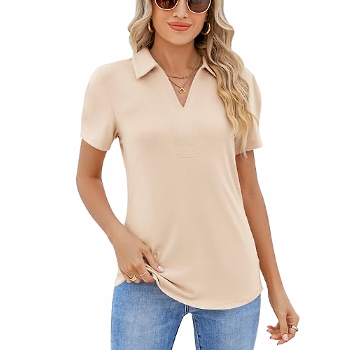 ZHENWEI Short Sleeve Summer Shirts Women V Neck Collared Polo Tunic Tops Work Blouse,Apricot,S